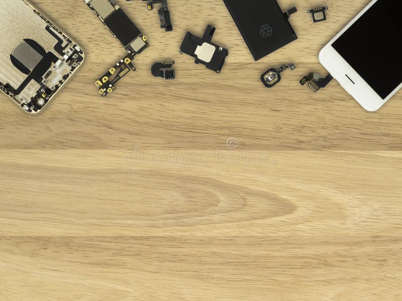 Smartphone Components on Wooden Background Stock Image - Image of ...