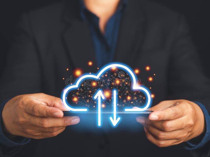 A Smartphone Connecting To a Cloud Computing System. Businessman in a Suit Holding a Mobile ...