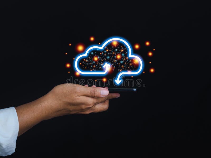 A Smartphone Connecting To a Cloud Computing System. Close-up of Hand Holding a Mobile Phone ...