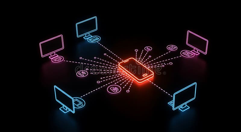 Smartphone Connecting To Computers with Glowing Network Lines Stock ...