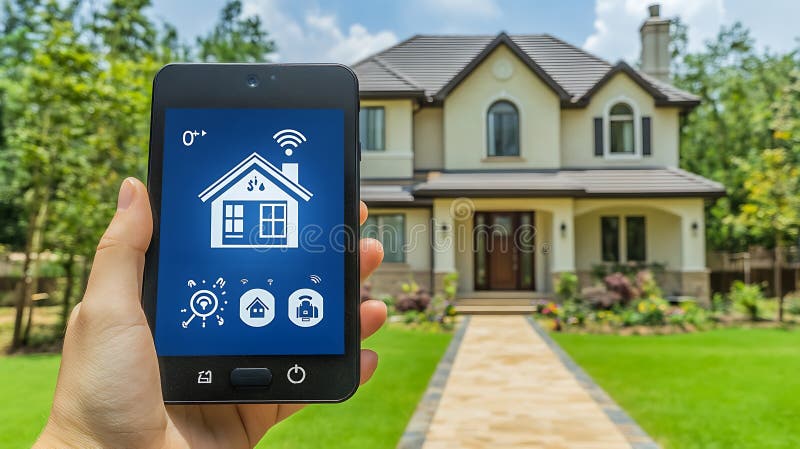 A Smartphone Controls Smart Home Features and Security System Stock ...