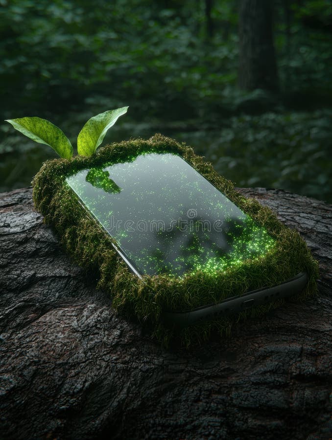 A Smartphone Covered in Moss and Leaves, Representing Eco-friendly ...
