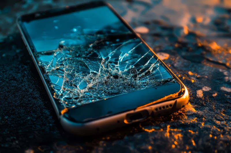 Smartphone with Cracked Screen Lies on Wet Surface, Reflecting Light ...
