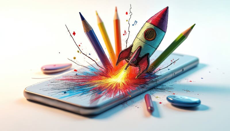 Smartphone with Creative Rocket Launch Drawing. Rocket Blasting from ...