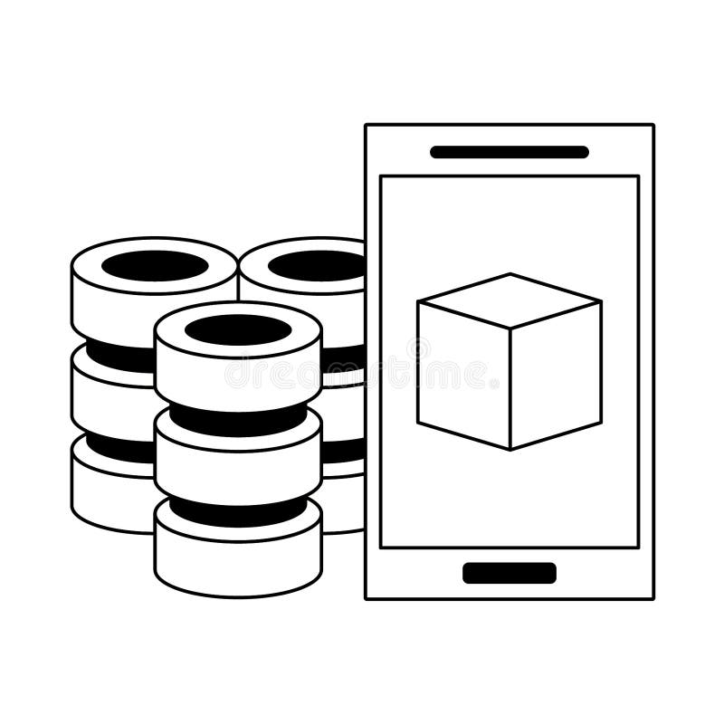 Smartphone with Cube on Screen and Servers Disks in Black and White ...