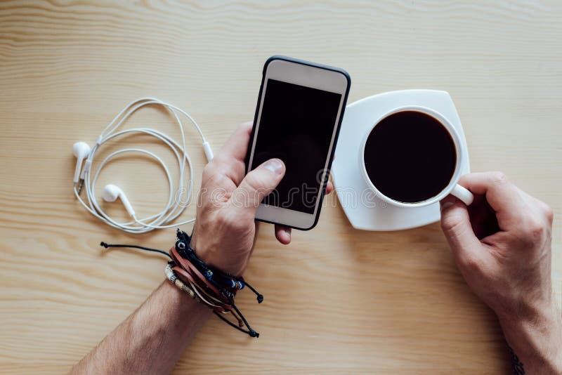 Smartphone and Cup of Coffee in Hands Stock Image - Image of inside ...
