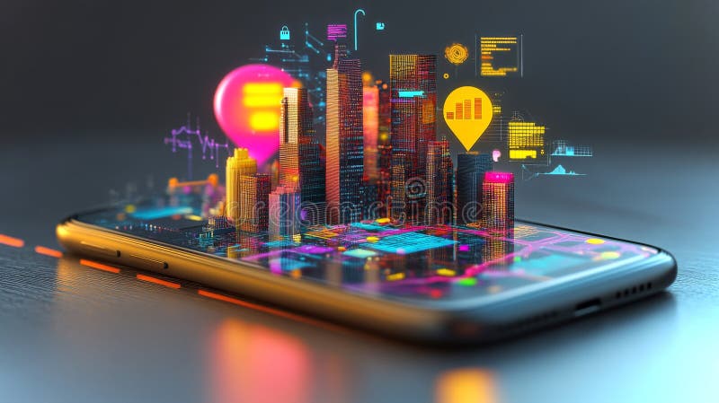 Smartphone with Cyber-glow City UI Showcasing Real-time Data and ...
