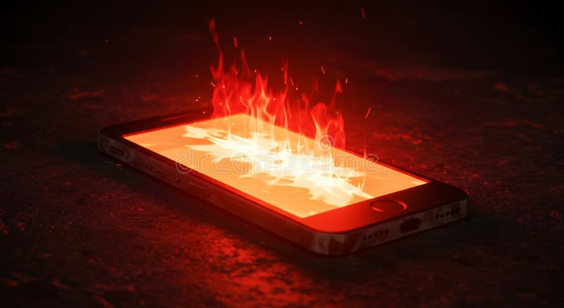 Burning Smartphone: a Digital Device Engulfed in Flames on Dark Surface ...