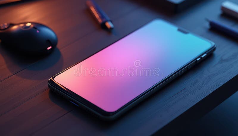 Smartphone on Desk with Glowing Gradient Screen. Stock Image - Image of ...