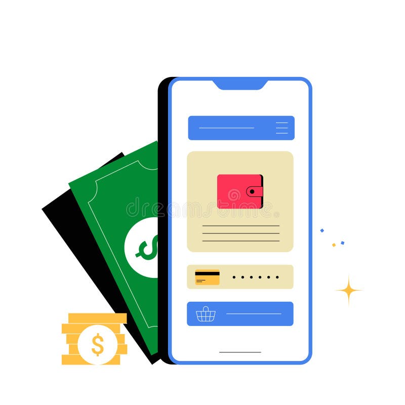 Smartphone with Digital Wallet and Currency in Flat Vector Illustration ...