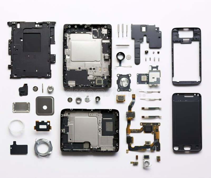 A Smartphone Disassembled into Parts and the Parts Arranged on a White ...