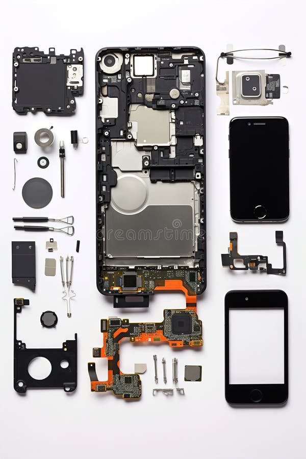 A Smartphone Disassembled into Parts and the Parts Arranged on a White ...
