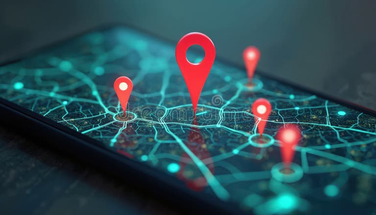 Smartphone Display Map Navigation with Location Pins. Geolocation Tech ...