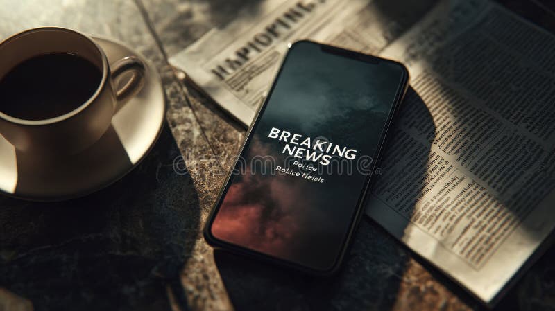 Breaking News Notification on Smartphone with Coffee and Newspapers ...
