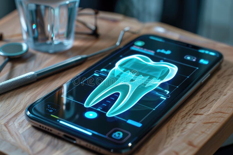 A Smartphone Displaying a 3D Hologram of a Tooth with Dental Tools ...