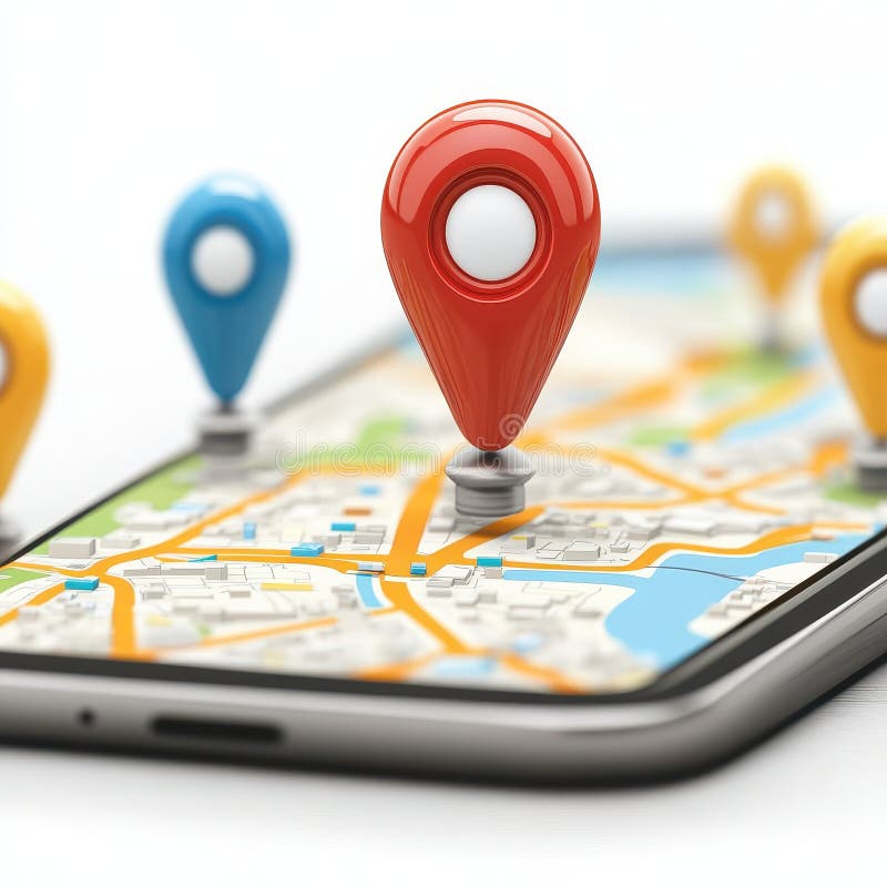 Smartphone Displaying a 3D Location Map with Pins Stock Illustration ...