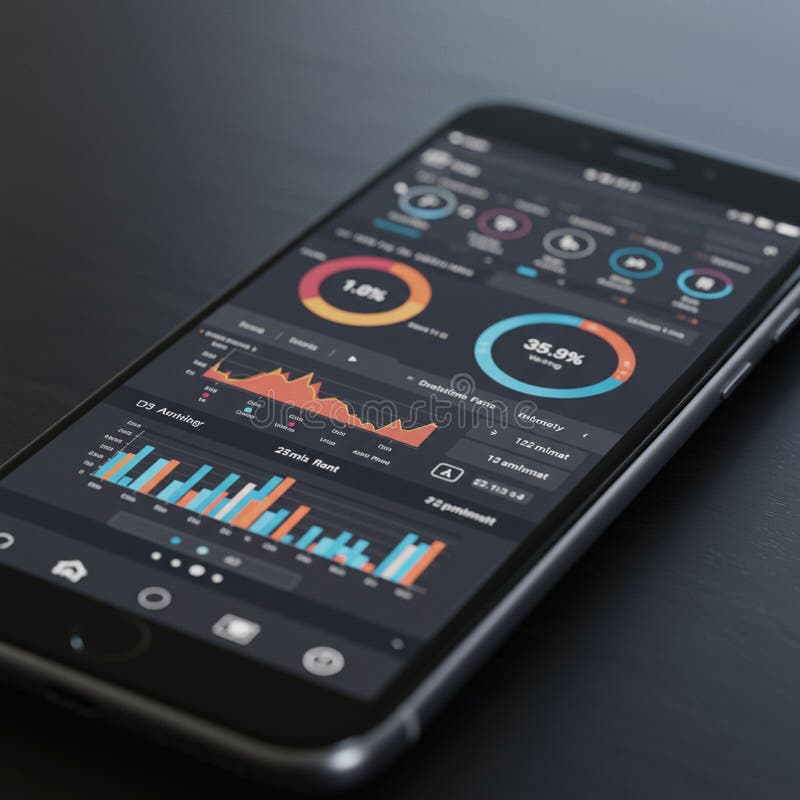 Smartphone Displaying a Data Analytics Dashboard with a Dark Theme ...