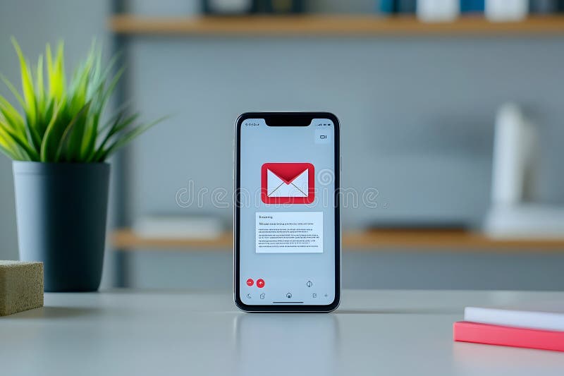 Smartphone Displaying Email App on Office Desk with Green Plant Stock ...
