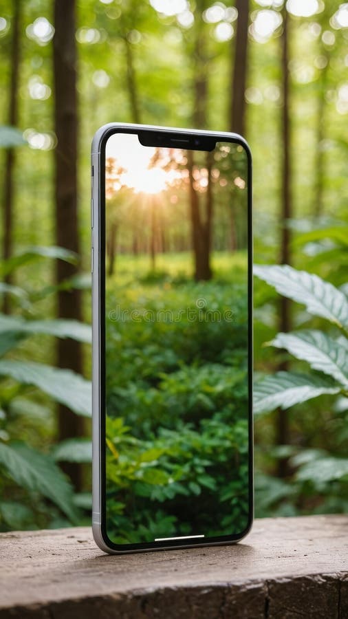 Smartphone Displaying Forest Scene with Sunlight Stock Image - Image of ...