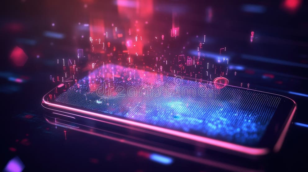 Smartphone Displaying Glowing Binary Code and Security Icons in Futuristic Cyber Security ...