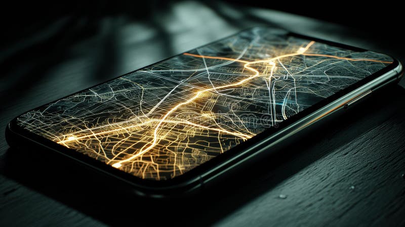 Smartphone Displaying Glowing Gps Route Map Dark Setting Night Stock ...