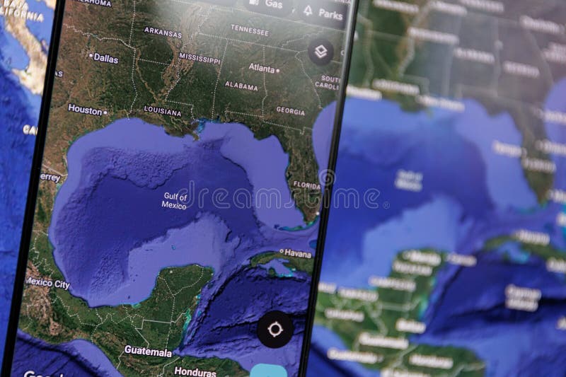 A Smartphone Displaying the Google Maps App with the Gulf of Mexico ...
