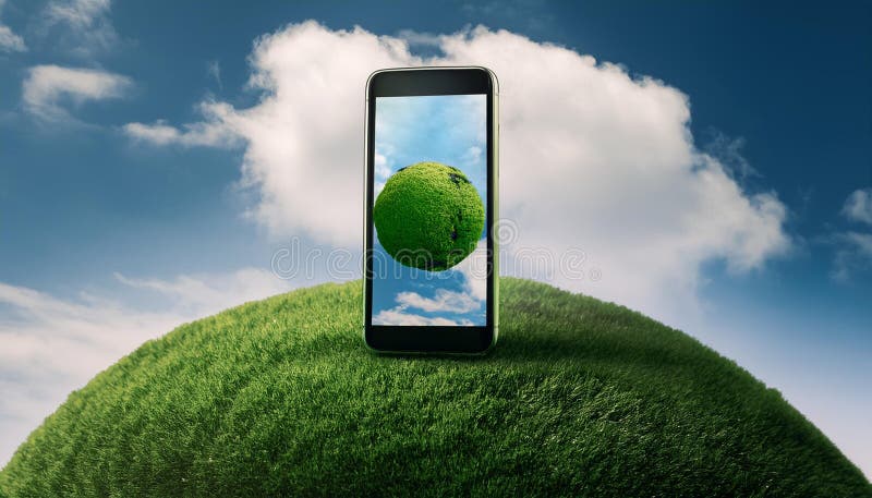 A Smartphone Displaying a Green Planet Under a Cloudy Sky, Symbolizing ...