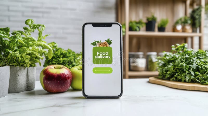 Smartphone Displaying Grocery App on Kitchen Counter with Fresh Produce ...