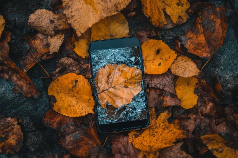 Smartphone Displaying Leaf Image on Bed of Autumn Leaves, Evoking ...