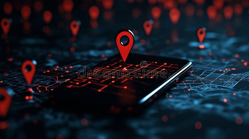 Smartphone Displaying Location Icon on Digital Map, Surrounded by ...