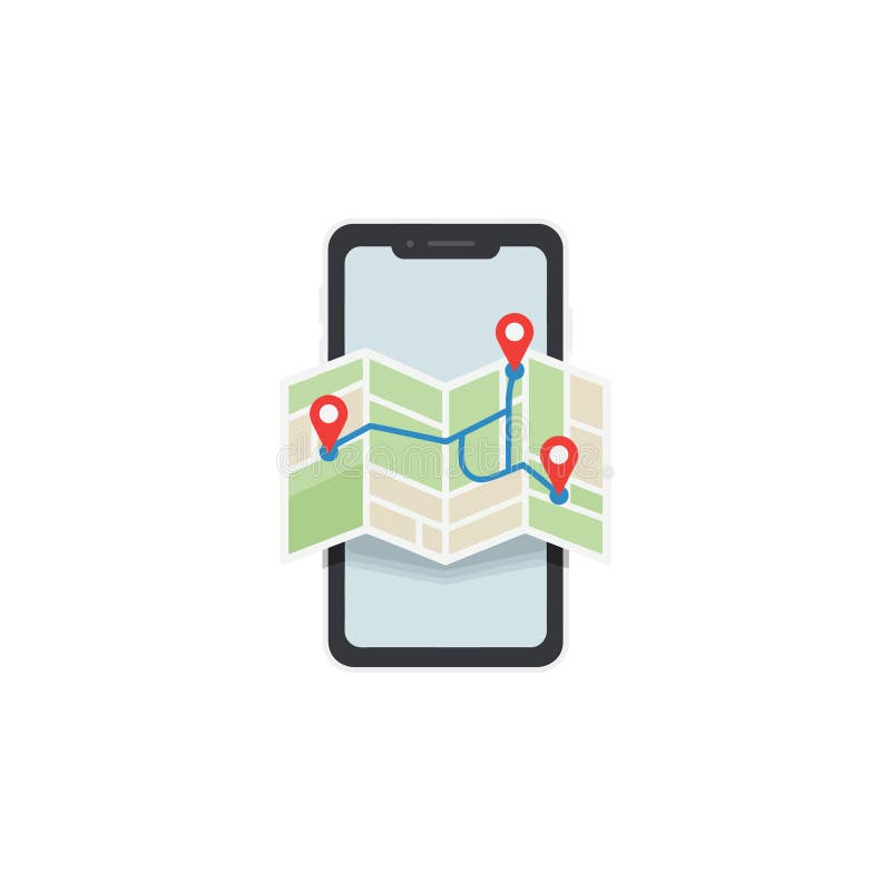 Smartphone Displaying Map with Location Markers in Flat Vector Art ...