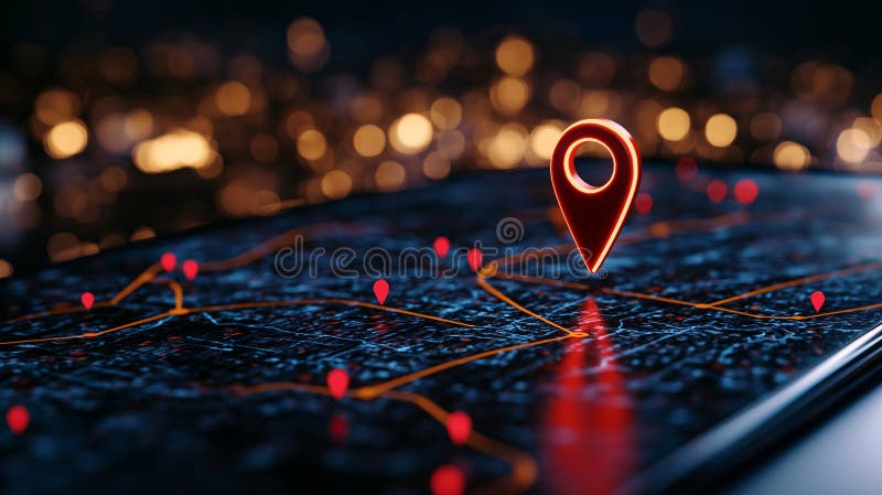 Smartphone Displaying Map with Location Pins and Glowing Lights, Symbolizing Navigation and ...