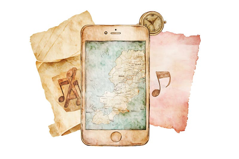 Smartphone Displaying Map with Musical Notes and Antique Papers Stock ...