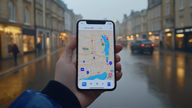 Smartphone Displaying Map Navigation on Rainy Street Stock Photo ...