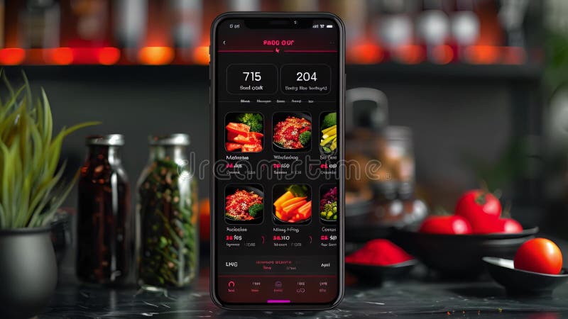 Smartphone Displaying a Menu of Food Items on a Kitchen Counter. Stock ...