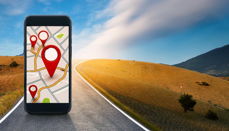 Smartphone Displaying Navigation Path with Map Pins on a Wavy Road. 3D ...