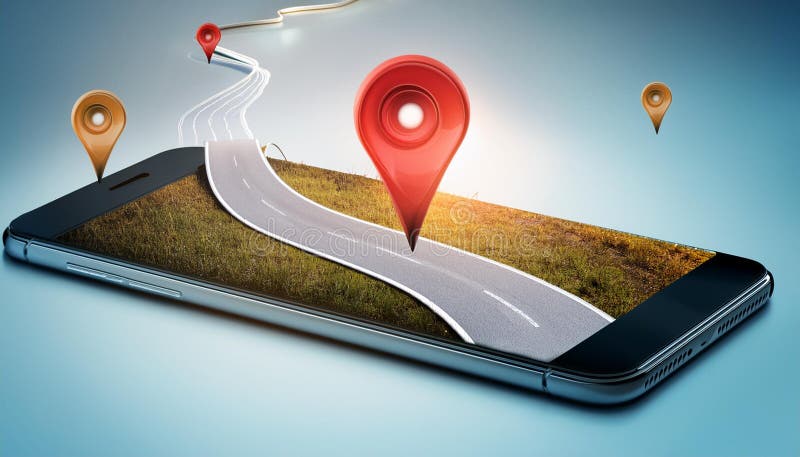 Smartphone Displaying Navigation Path with Map Pins on a Wavy Road. 3D ...