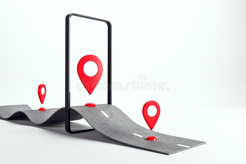 Smartphone Displaying Navigation Path with Map Pins on a Wavy Road. 3D ...