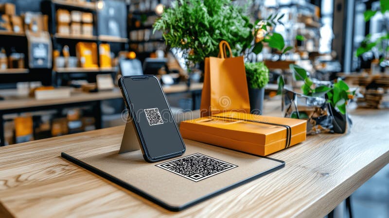 Smartphone Displaying QR Code at Modern Retail Store Tabletop Setup ...
