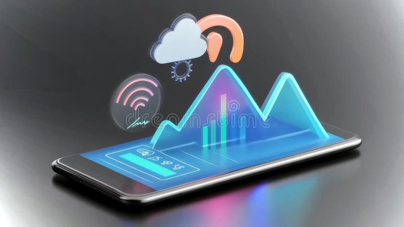 Smartphone Displaying a Realistic Mountain View with Hiking Elements in ...