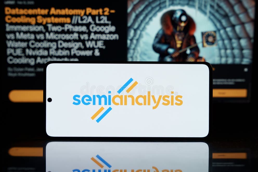 Smartphone Displaying the SemiAnalysis Logo, Reflecting on a Dark Surface. Background Features a ...