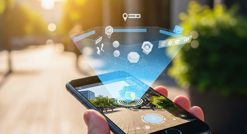 Smartphone Displaying Street Scene with Floating Graphical Interface ...