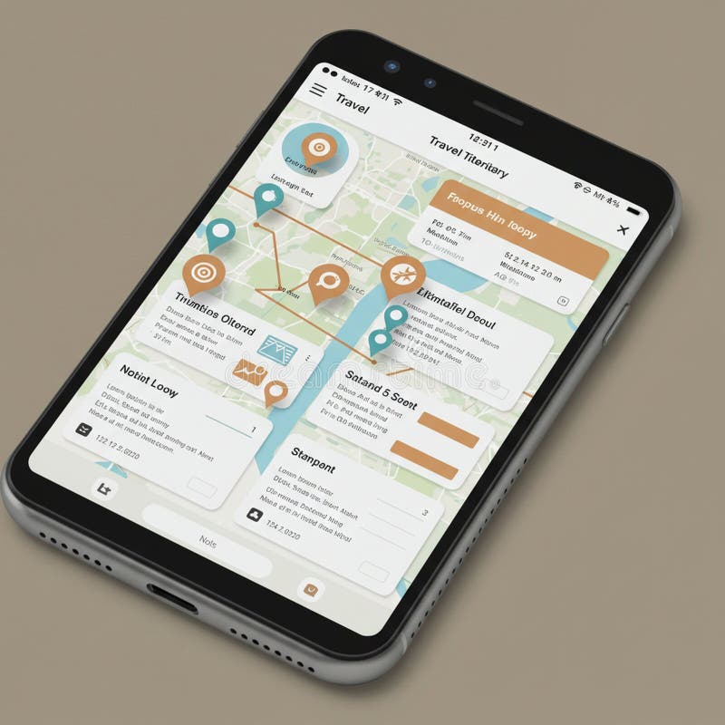 Smartphone Displaying a Travel Itinerary App Interface. Features a Map ...