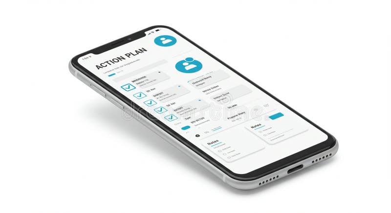 A Smartphone Displays an "Action Plan" Application Interface. the Screen Features Stock ...