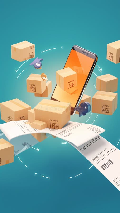 Smartphone Displays Blank Screen with Floating Parcel Boxes and Receipt ...