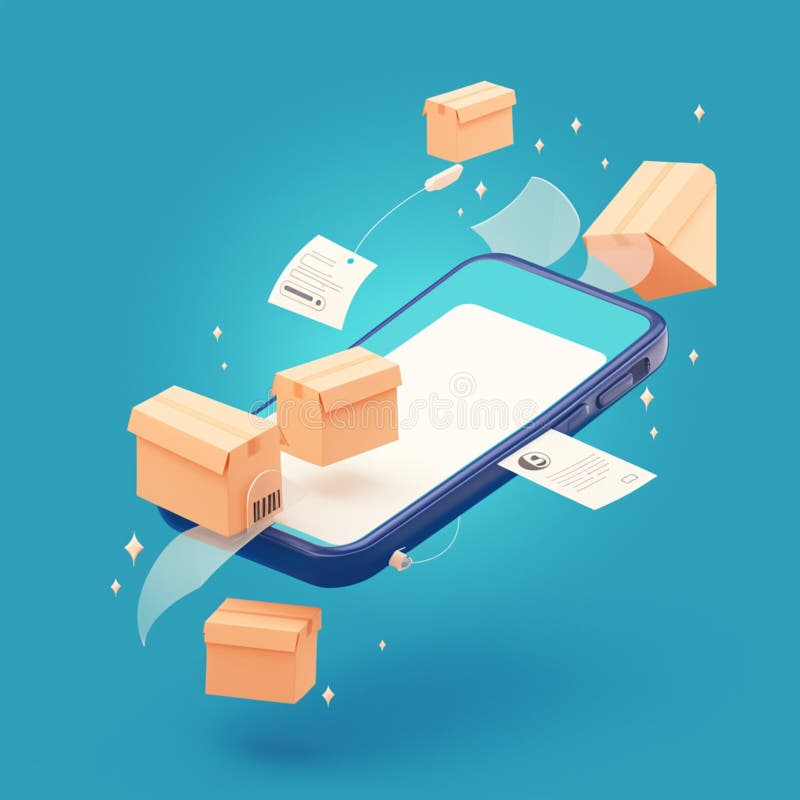 Smartphone Displays Blank Screen with Floating Parcel Boxes and Receipt ...