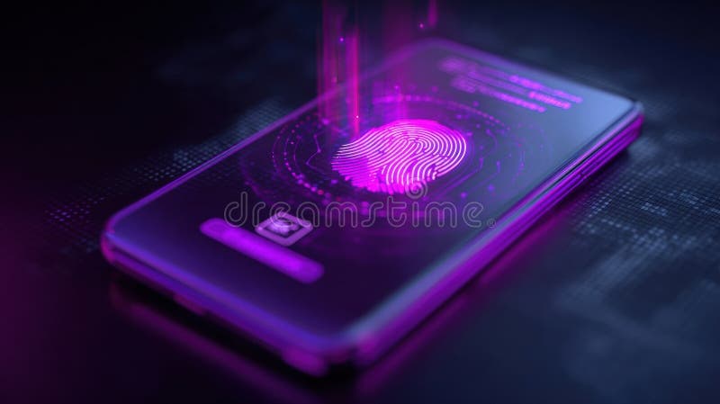 Smartphone Displays Fingerprint Recognition Technology with Neon Lighting Effects Showcasing ...