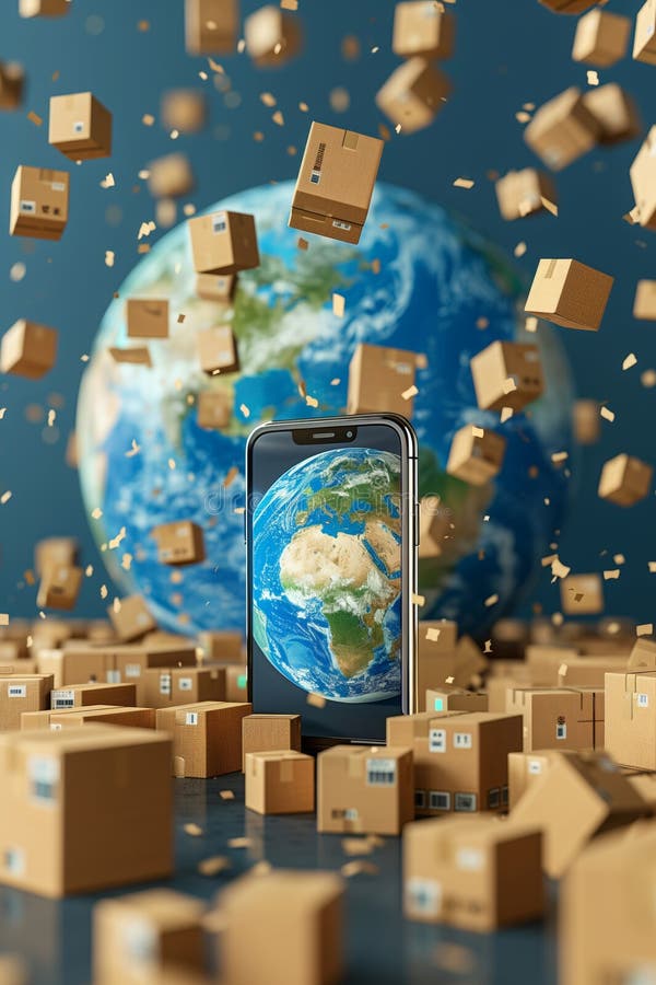 Global Delivery Network: Boxes Rain Down on a Smartphone Displaying the ...