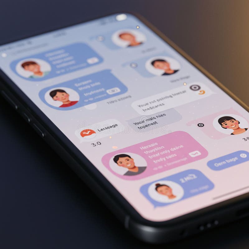 A Smartphone Displays a Messaging App Interface Featuring Illustrated ...