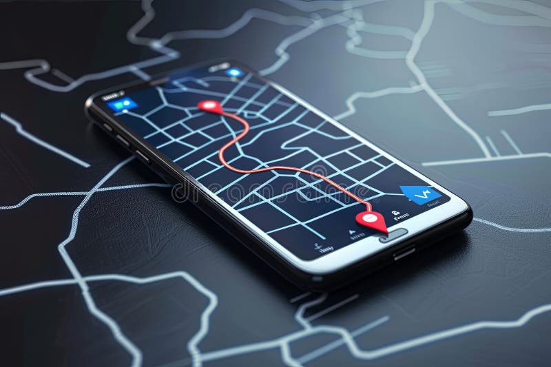 A Smartphone Displays a Navigation App with Red Pin Markers and a Red ...